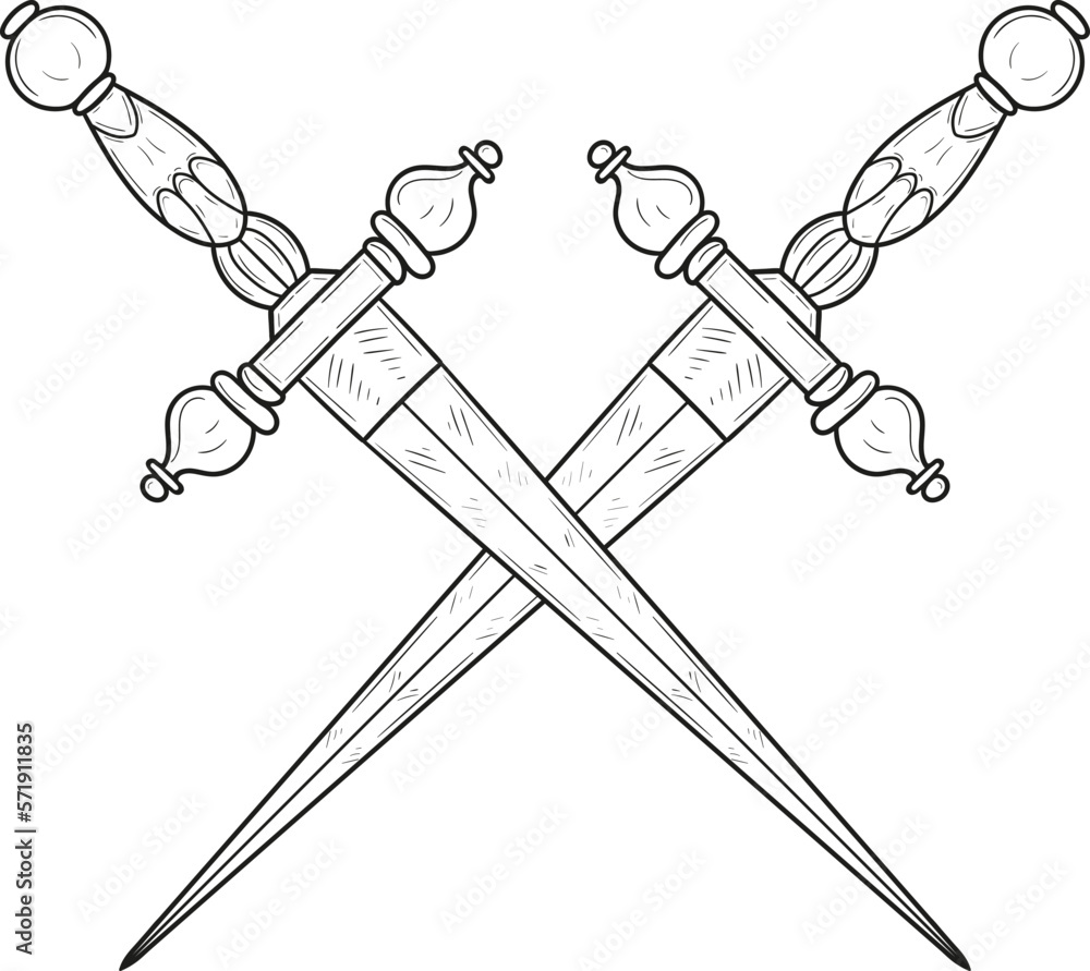 Vetor de Illustration of crossed daggers in engraving style. Design ...