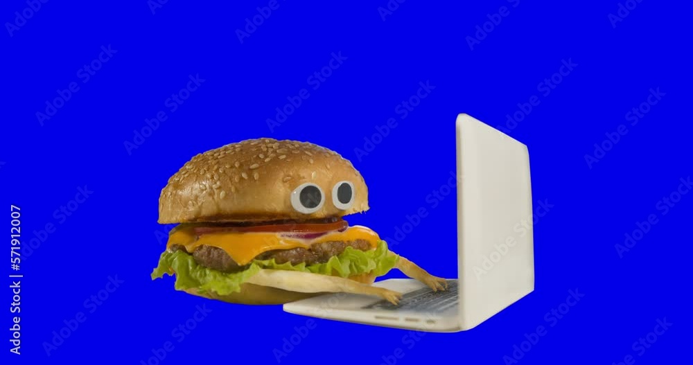 Live burger, burger animated character with eyes using laptop, notebook ...