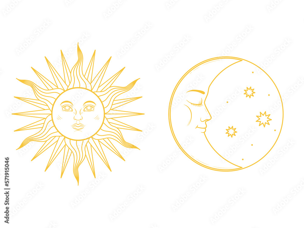 The mystical symbols - moon and sun with faces in retro style ...
