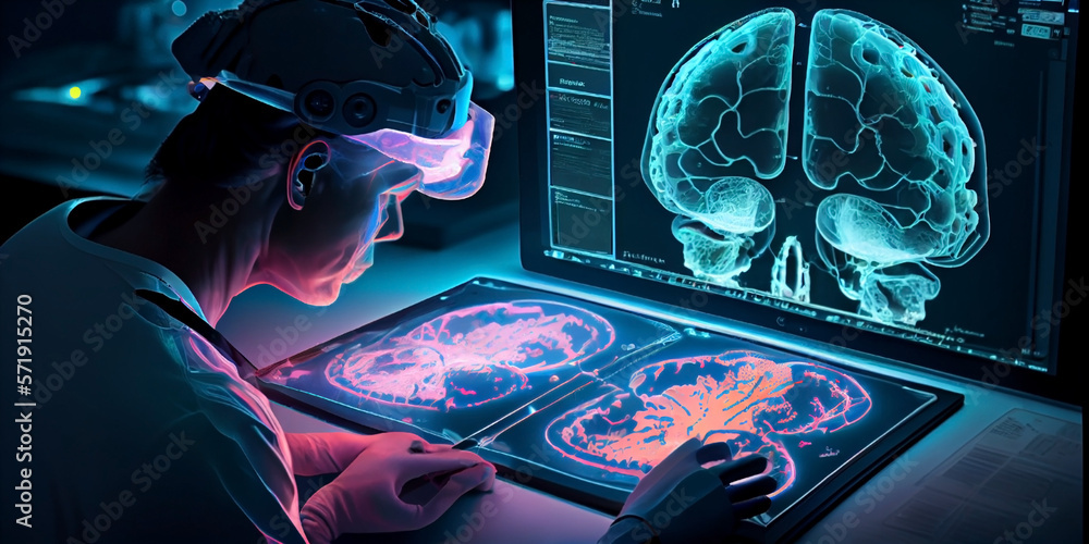 A doctor using advance holographic scanning. A patient's brain neuron ...