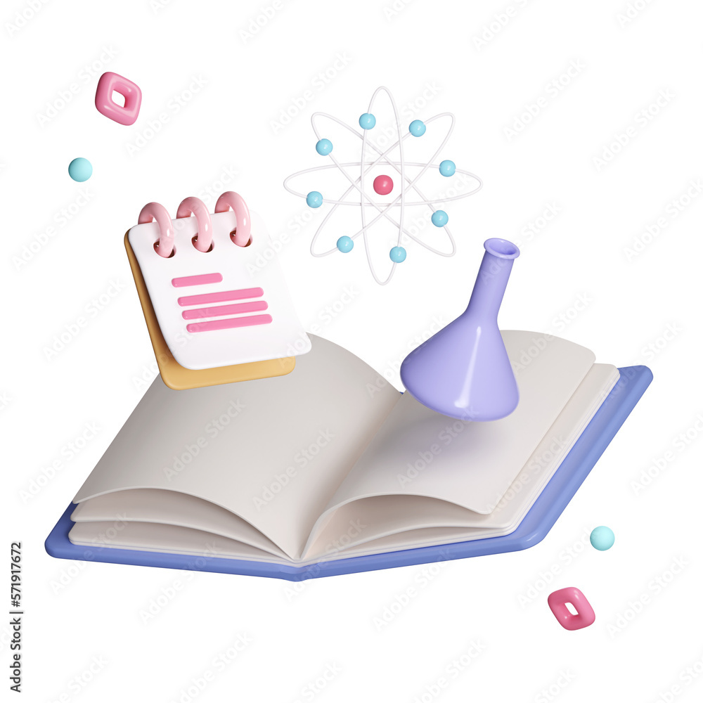 3d flask, checklist and book open isolated on pastel background ...