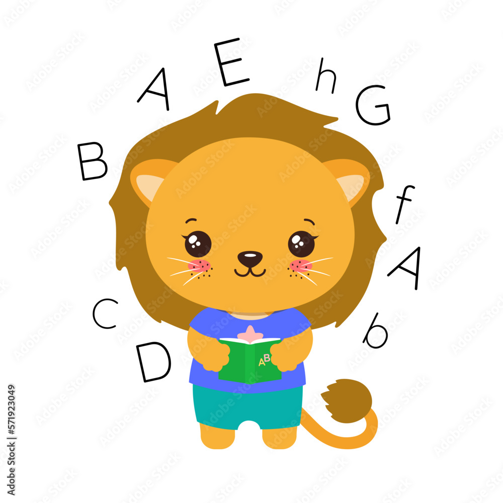 School student lion holding a textbook. Elementary pupil little lion ...