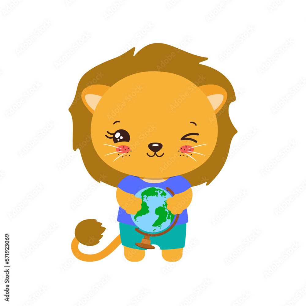 School student lion holding a globe. Social studies learning ...