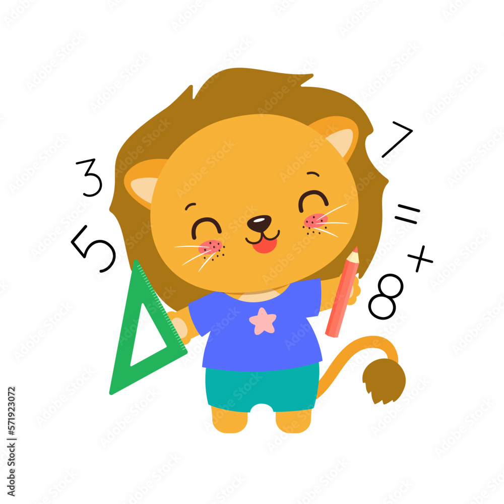 School student lion holding a pencil and ruler. Maths learning. Cute ...