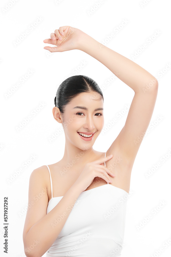 Beautiful Young Asian woman lifting hands up to show off clean and ...
