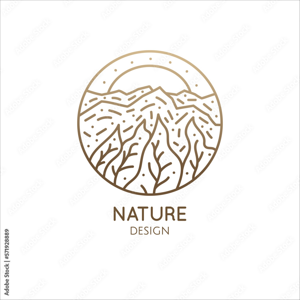 Mountain landscape logo. Vector linear round icon of nature with a sun ...