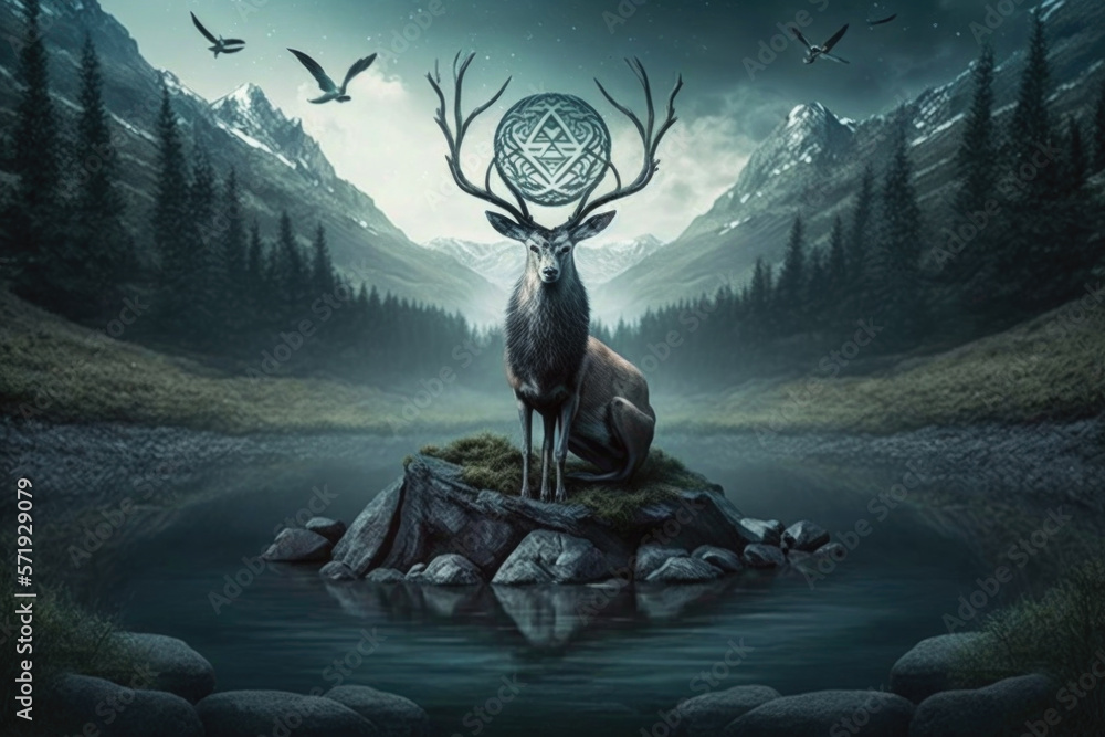 Mysterious deer in beautiful fairytale fantasy landscape. Perfect for ...