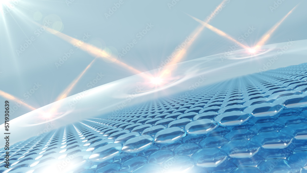 3D Rendering skin cell with UV protection. Ultraviolet shield reflect ...