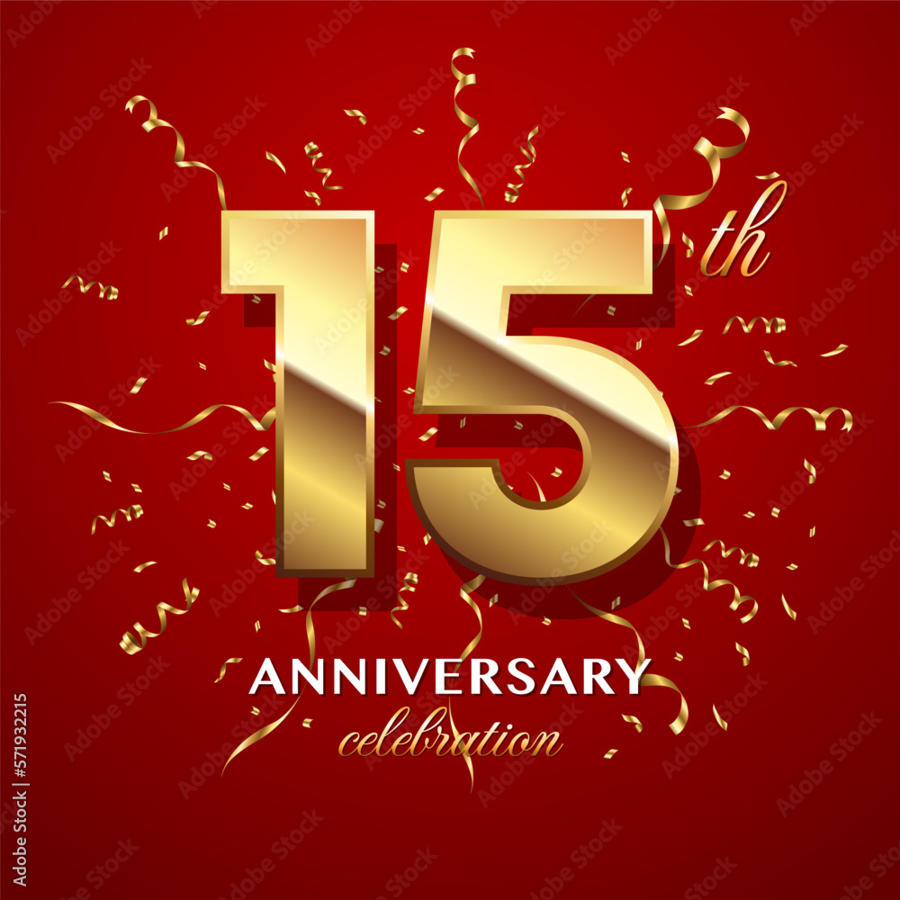 15th Anniversary Celebration. logo design with golden numbers and text ...