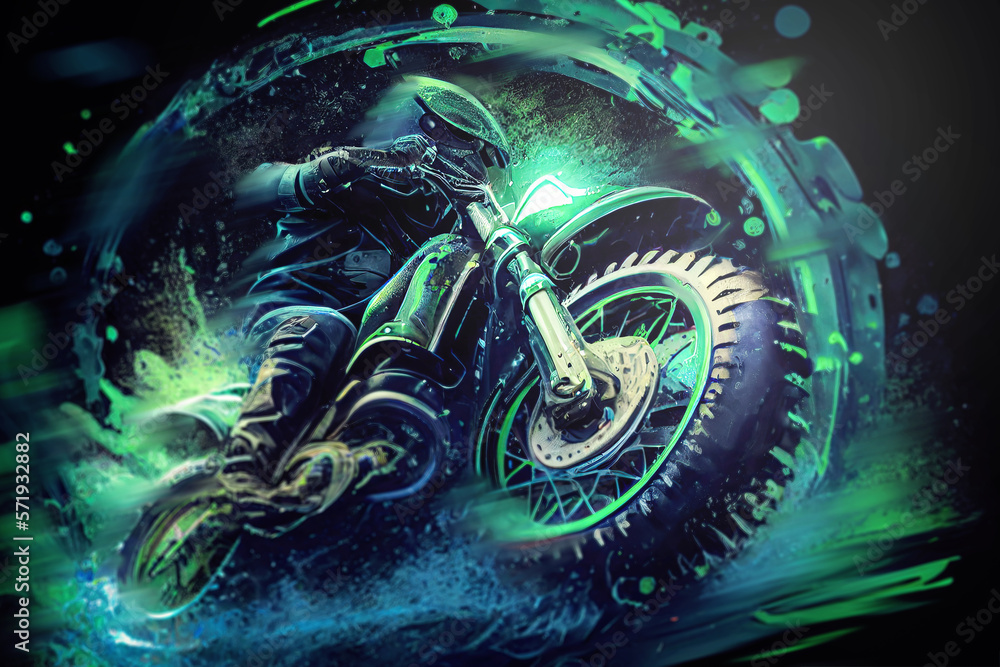 Motorcycle racer riding a green motorcycle through the mud, with ...