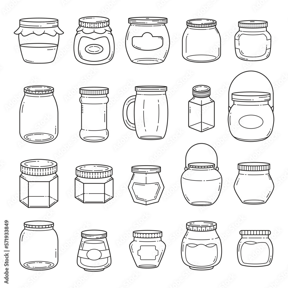 Set of vector outline doodle hand drawn jars and containers for ...