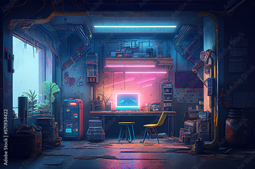 Futuristic Robot Workshop with Neon Lights in Dystopian Style, Cyberpunk city, generative ai ...