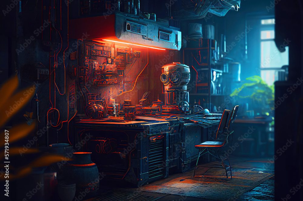Futuristic Robot Workshop with Neon Lights in Dystopian Style ...