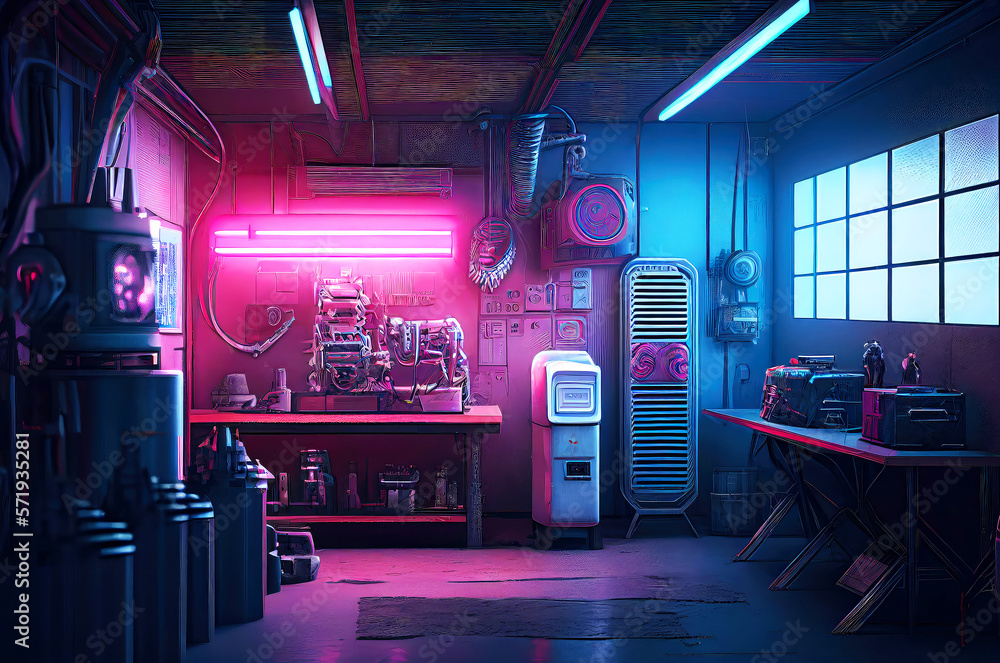 Futuristic Robot Workshop with Neon Lights in Dystopian Style ...