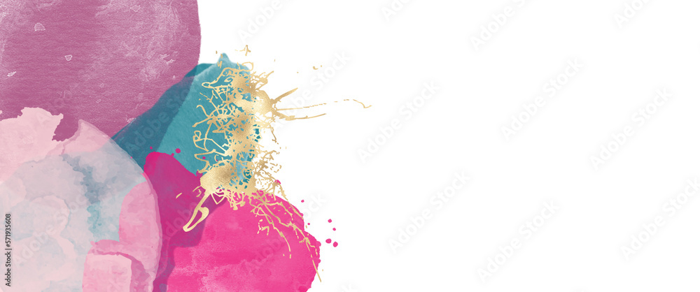 abstract watercolor stain, smudge with liquid texture and gold element ...