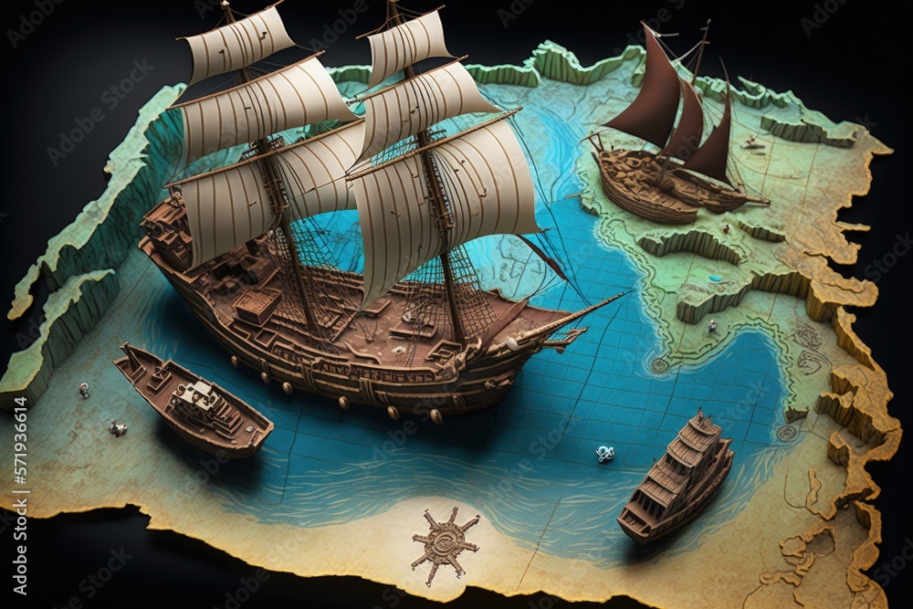 Pirate treasure map with pirate ship and sea, 3d style. Generate AI ...