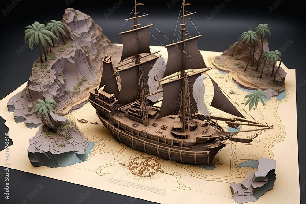 Pirate treasure map with pirate ship and sea, 3d style. Generate AI ...