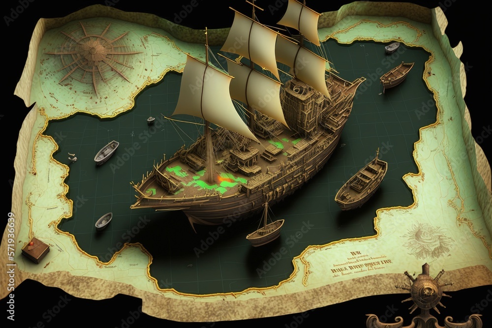 Pirate treasure map with pirate ship and sea, 3d style. Generate AI ...