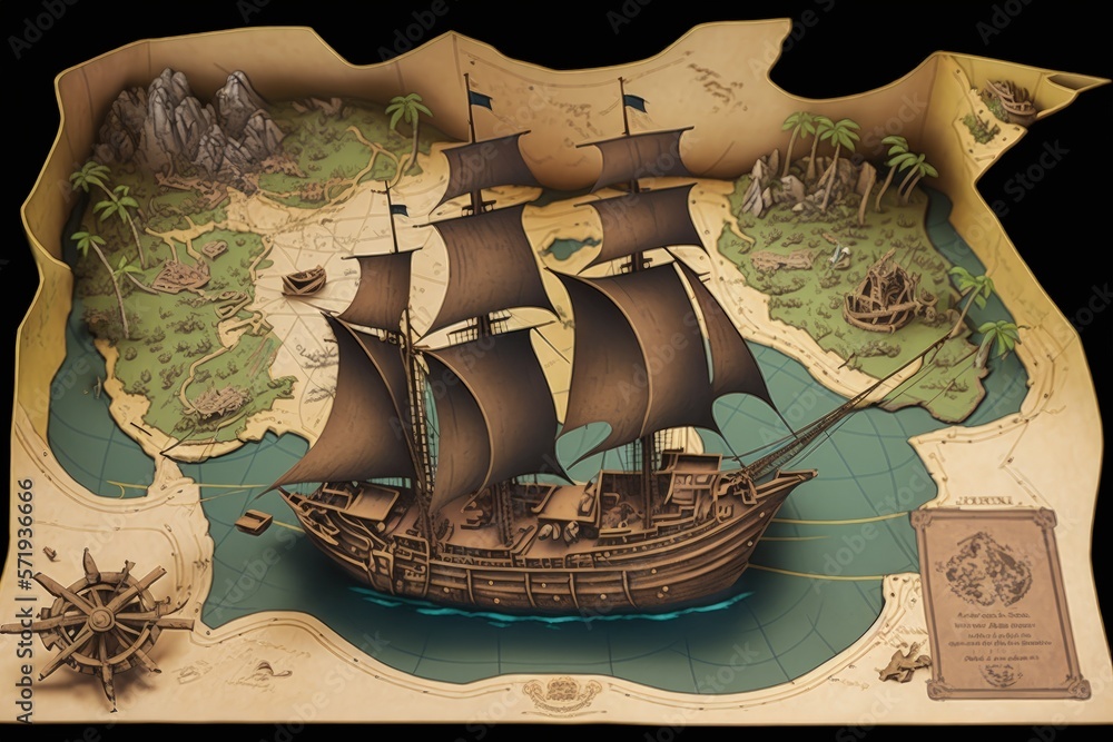 Pirate treasure map with pirate ship and sea, 3d style. Generate AI ...