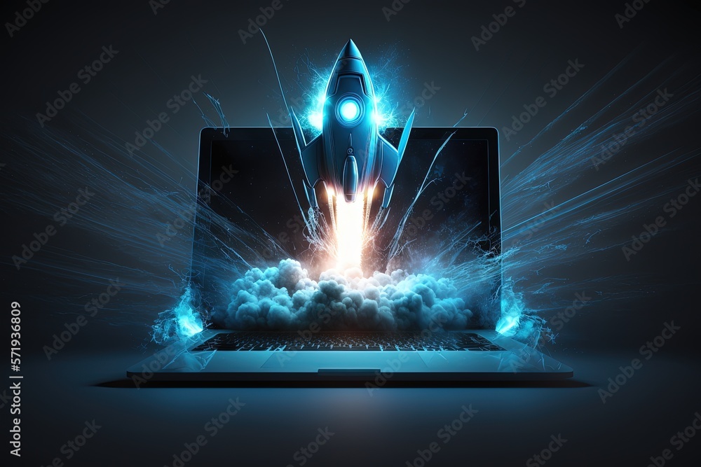 Digital illustration of rocket and laptop, background with blue neon ...