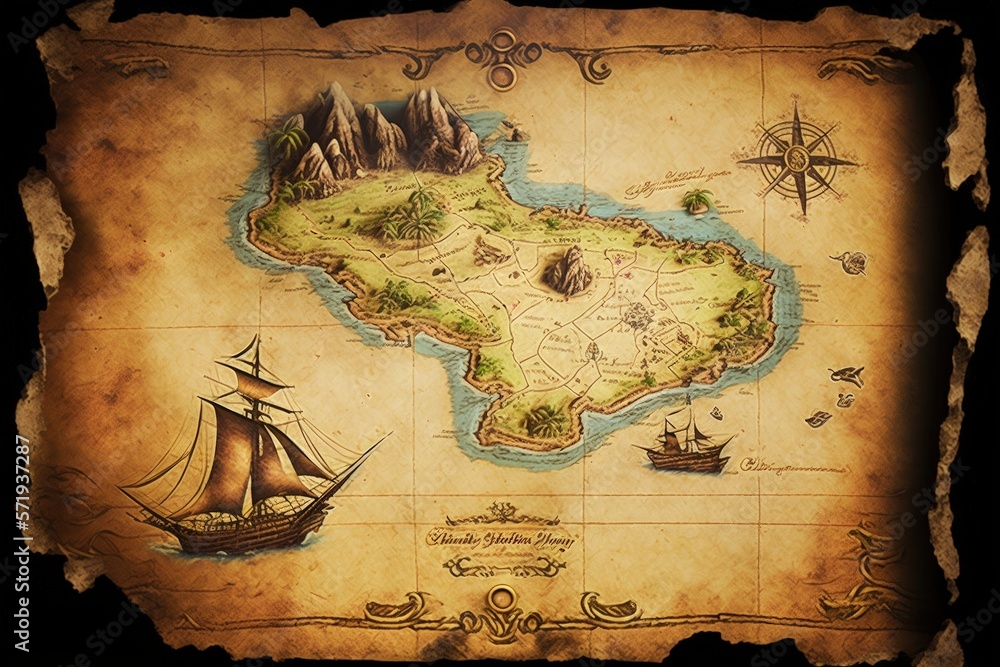 Pirate treasure map with ship and sea. Generative AI Stock Illustration ...
