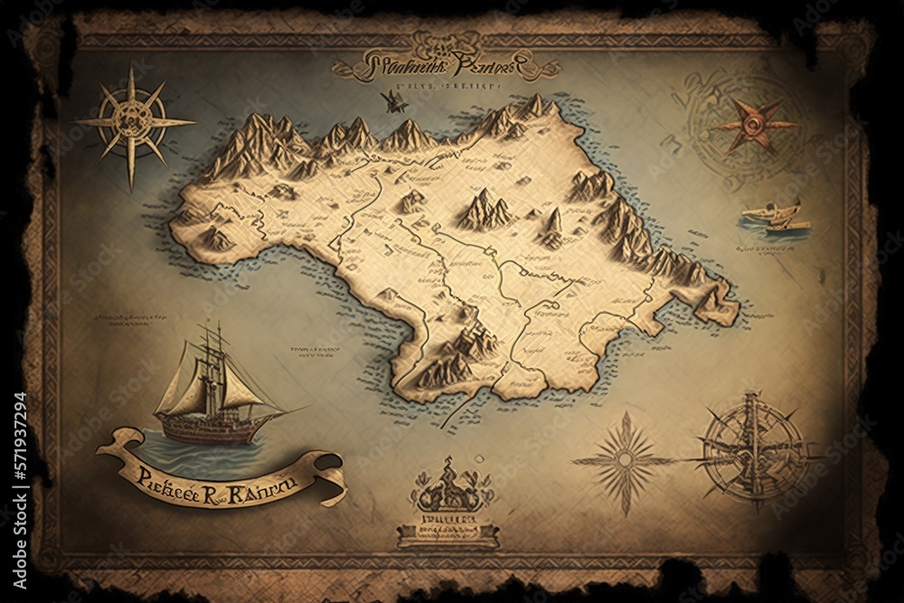 Pirate treasure map with ship and sea. Generative AI Stock Illustration ...