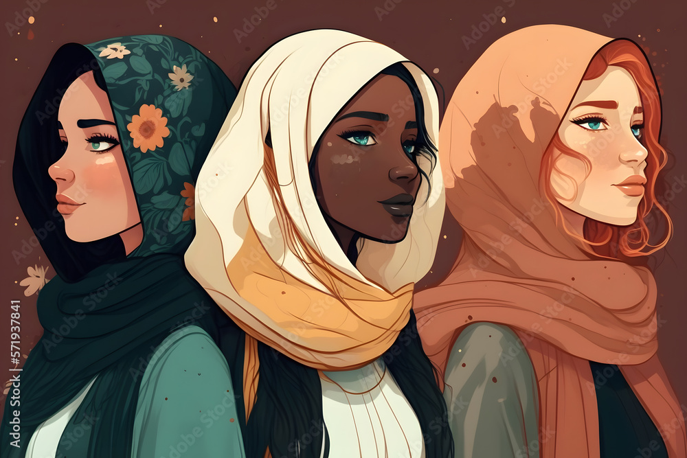 Three muslim women in hijab of different nationalities standing ...