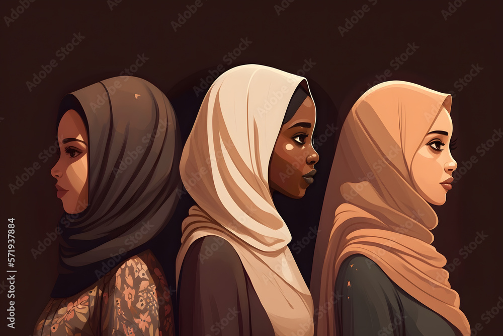 Three muslim women in hijab of different nationalities standing ...
