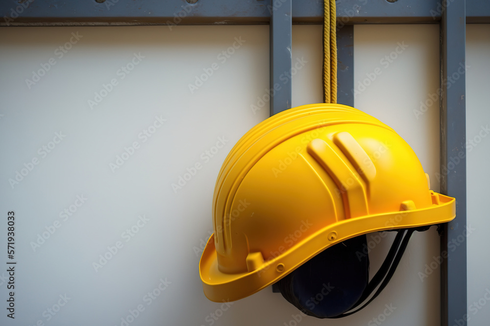 A yellow construction safety helmet is keep at the rail rack on the ...