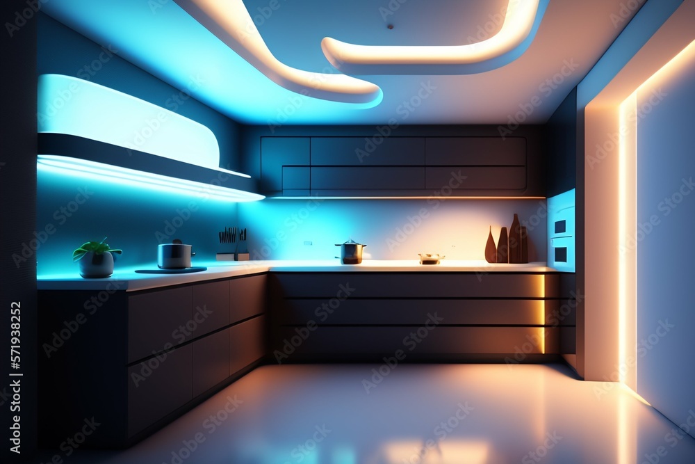 Futuristic minimalistic kitchen, interior, neon, glow, zaha hadid ...