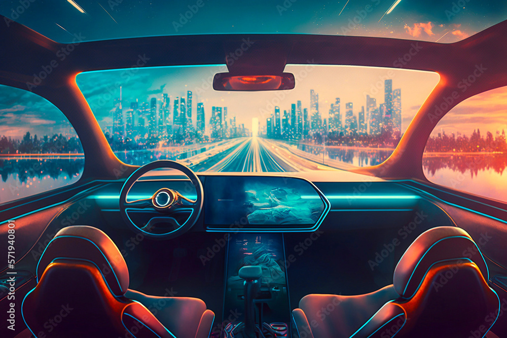 Empty cockpit of vehicle, Head Up Display and digital speedometer ...