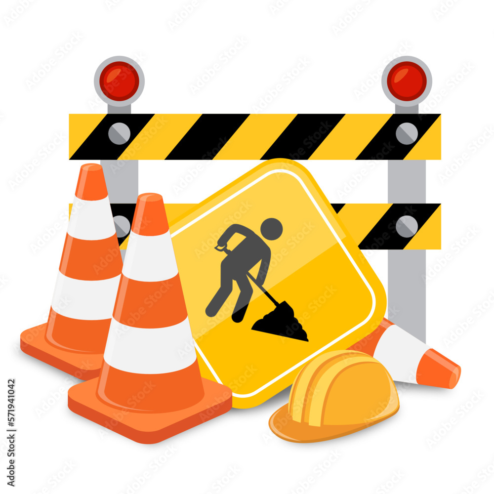 Traffic cones and under construction warning sign. Road safety and ...