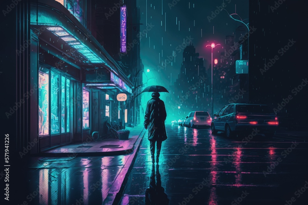 Man walking on street with cars, buildings and neon lights created ...