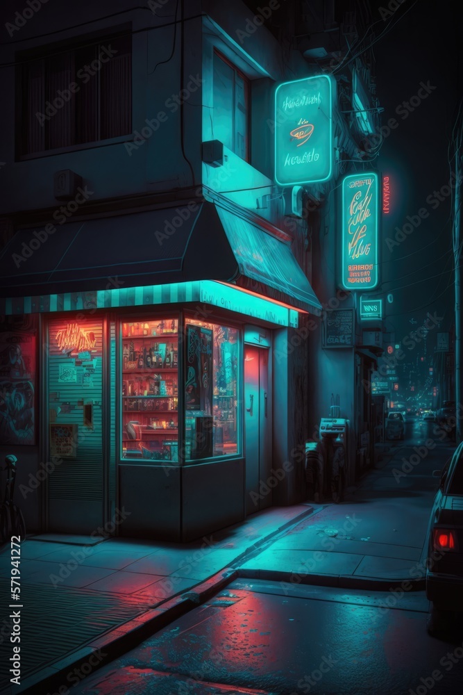 Building, neon lights with texts and city street created using ...