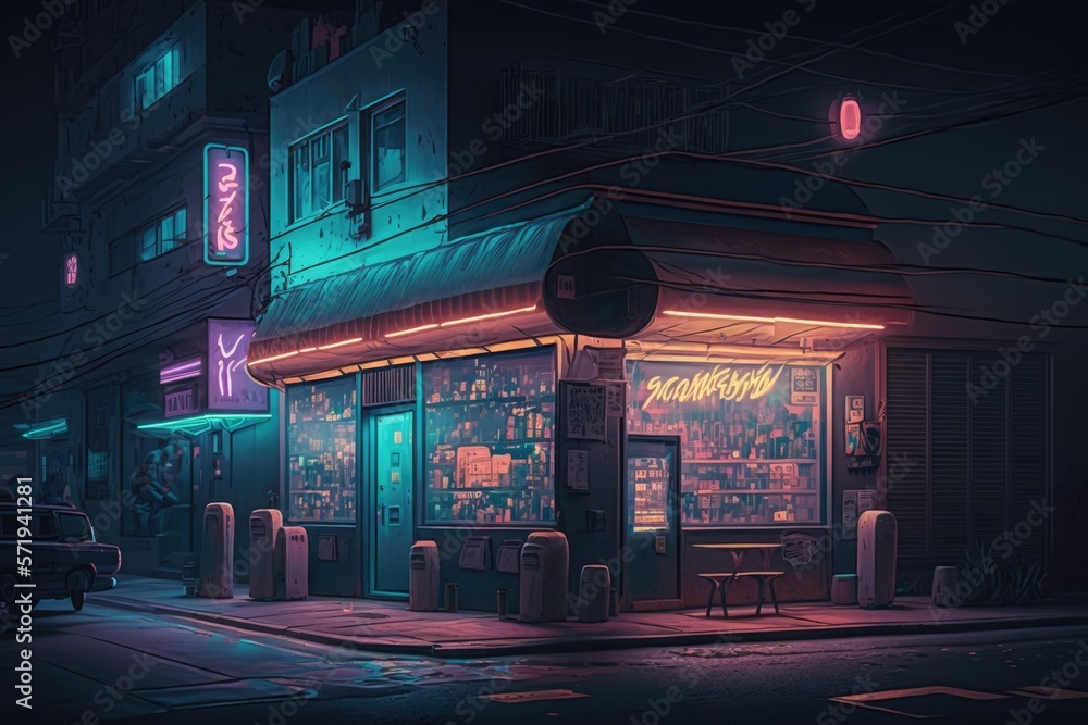 Building, neon lights with texts and city street created using ...