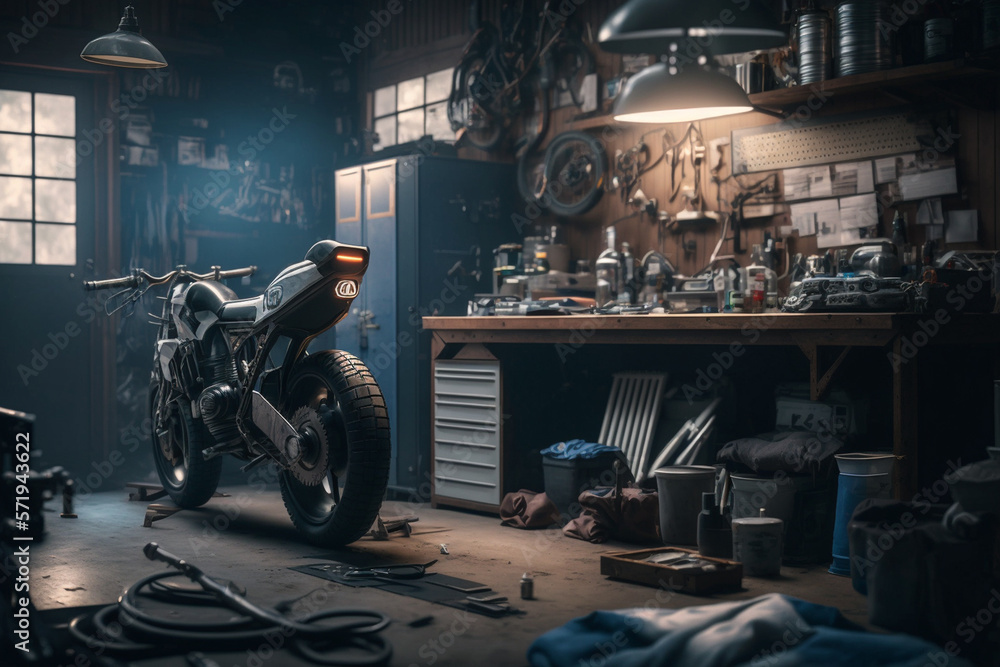 motorcycle repair garage, created by a neural network, Generative AI ...