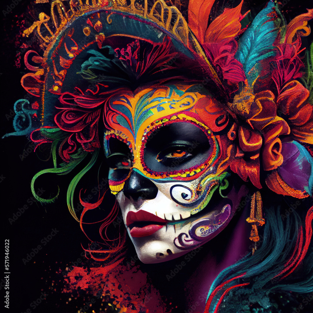 Mardi Gras day of the dead, unique digital art, portrait of faces with ...