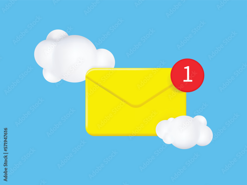 3d mail envelope icon with notification new message on blue sky cloud ...