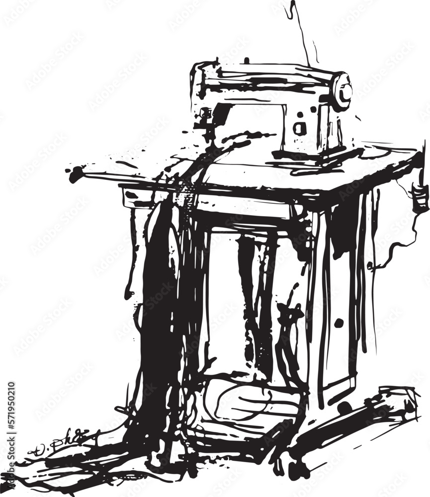 Sewing machine Hand drawn, writing by black ink, symbol for design card ...