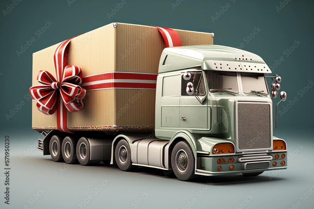 Truck tractor carries a huge gift box tied with a ribbon. Logistics ...