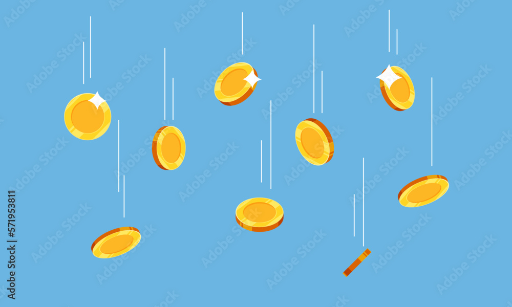 gold coins falling from the sky, gold coin falling on a blue background ...