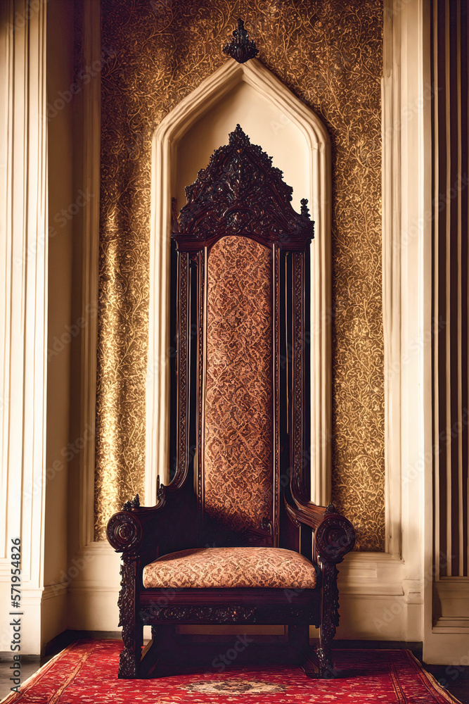 front view of empty royal throne chair made of dark wood and brown ...