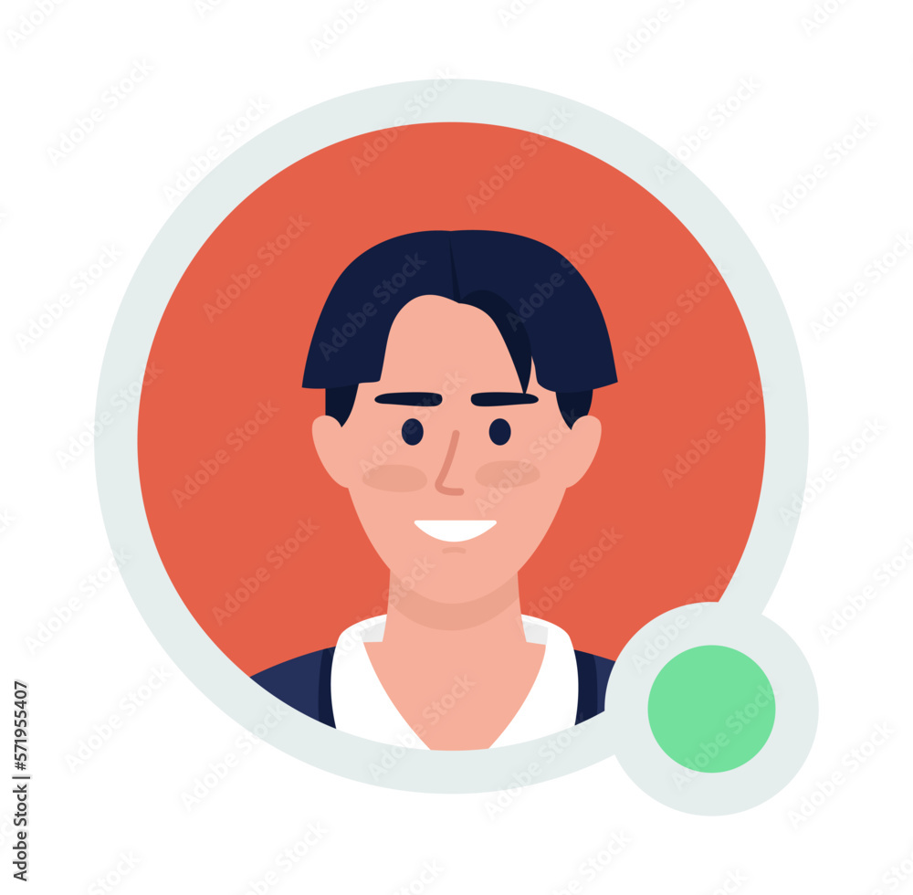 Pretty boy with stylish hairstyle flat vector avatar icon with green ...