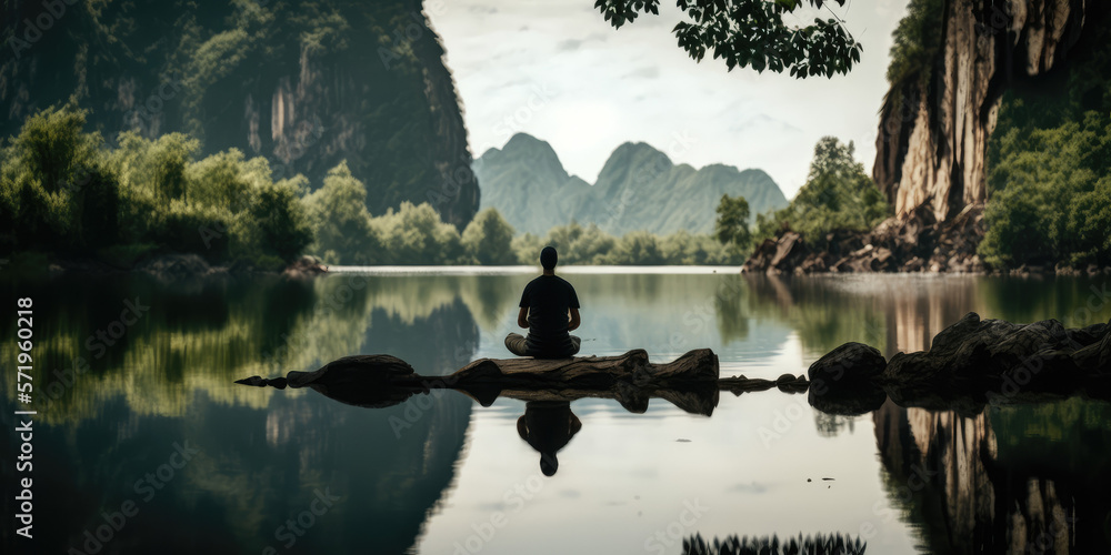 back of a meditating person in nature, meditationd and mindfulness ...