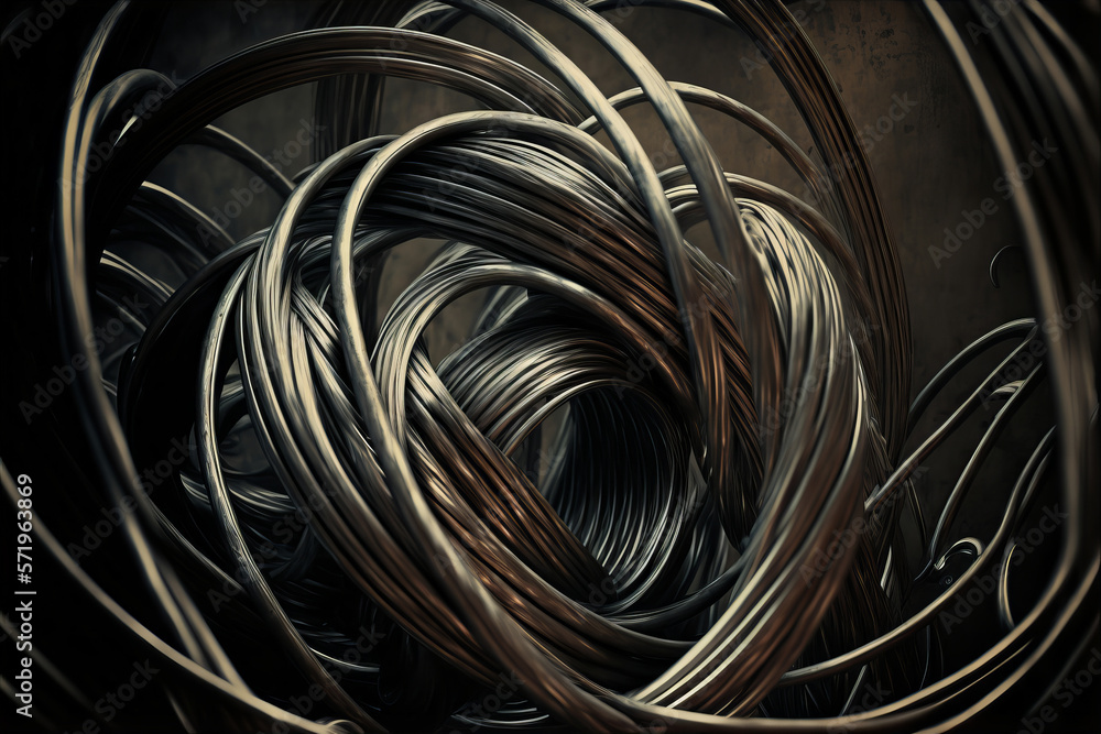 Metallic and industrial design of intertwined and jumbled metal wires ...