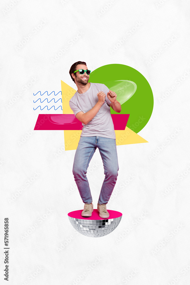 Vertical collage image of cheerful overjoyed guy stand half disco ball ... Vertical collage image of cheerful overjoyed guy stand half disco ball ...