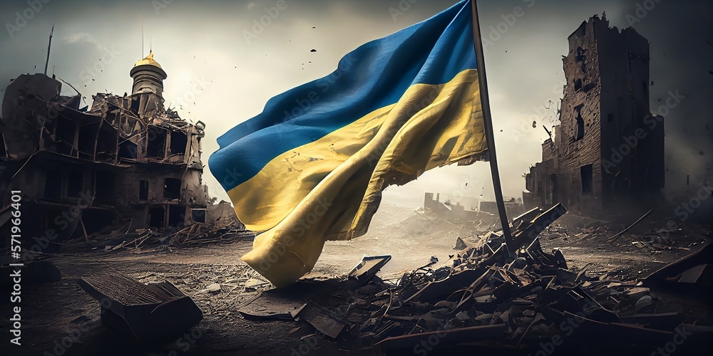 Ukrainian flag blowing in the wind, with a background of a destroyed ...