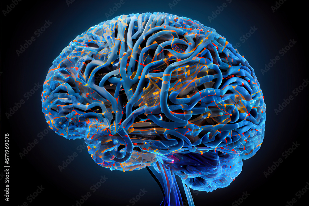 brain neuron neural communication and technology concept, brain in blue ...