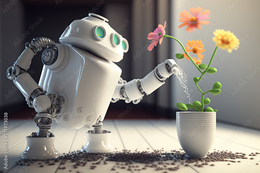 The robot is watering flowers in a flower pot at home .Assistant robot ...