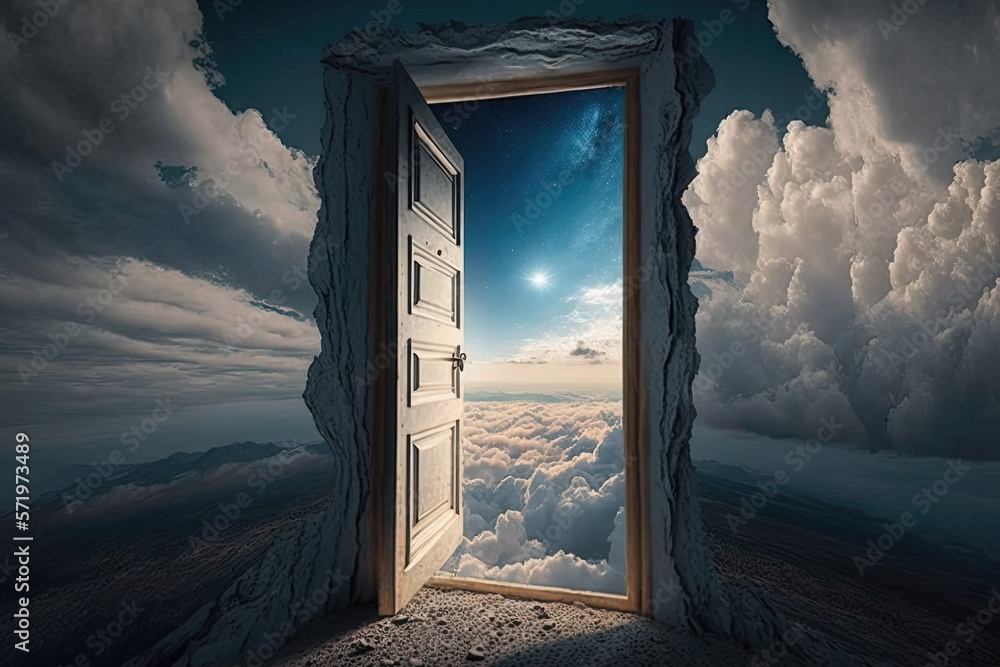 isolated door with an unusual design is suspended in a dark and surreal ...